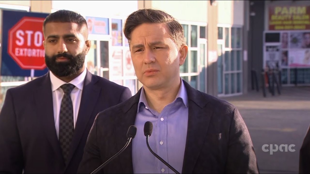 Conservative Leader Pierre Poilievre speaks with reporters in Surrey BC ...